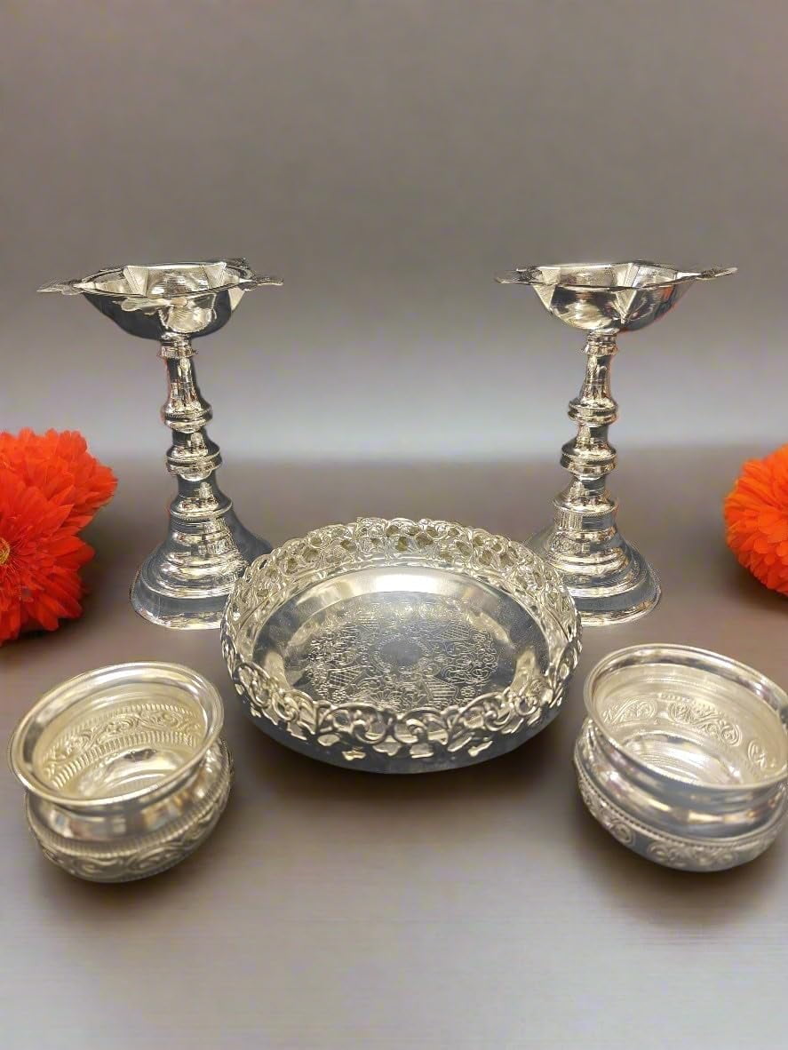 german silver pooja thali set 5 pieces for housewarming pooja/ diwali ...