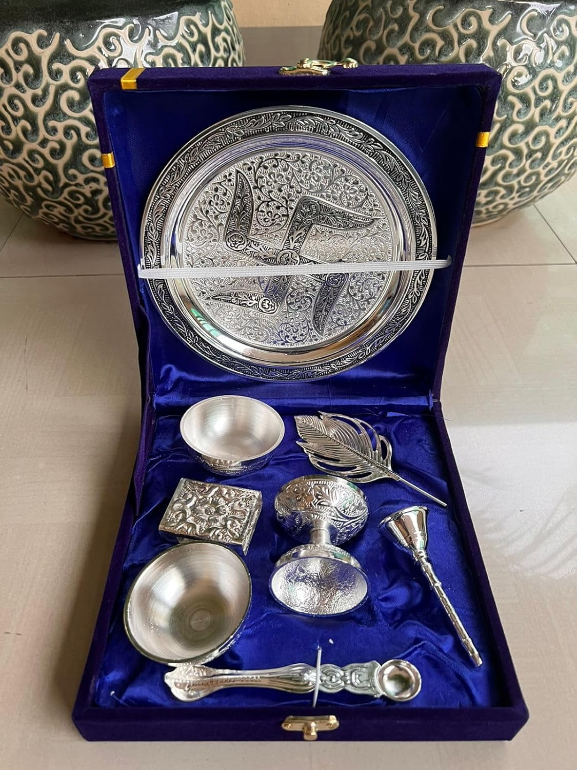 german silver pooja thali set in velvet box for housewarming/ pooja ...