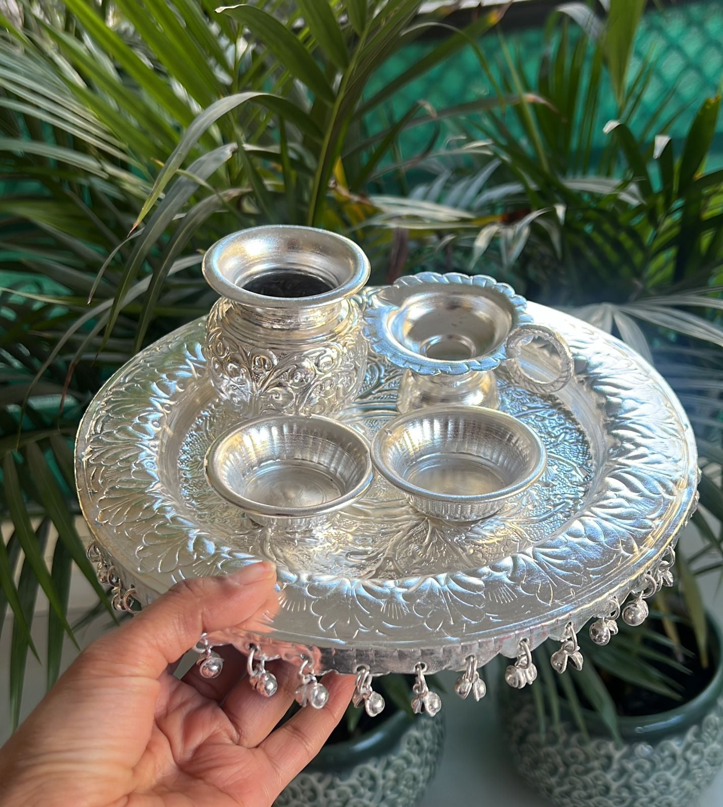 german silver pooja thali with ghunghroo in gift box for housewarming ...