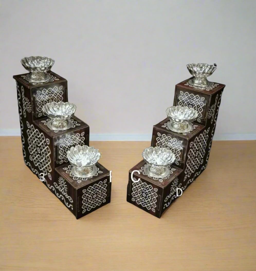 german silver set of 6 diya with hand painted mdf detachable steps ...