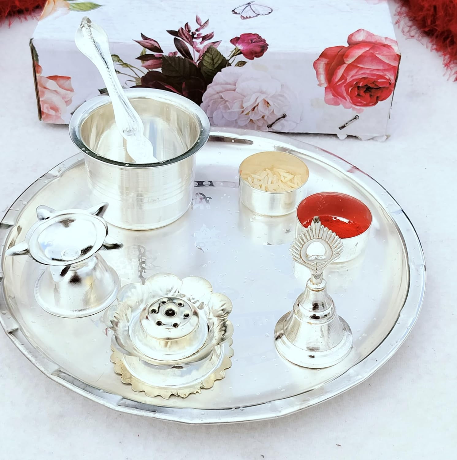 german silver small pooja thali set for diwali/ housewarming/ gift item ...