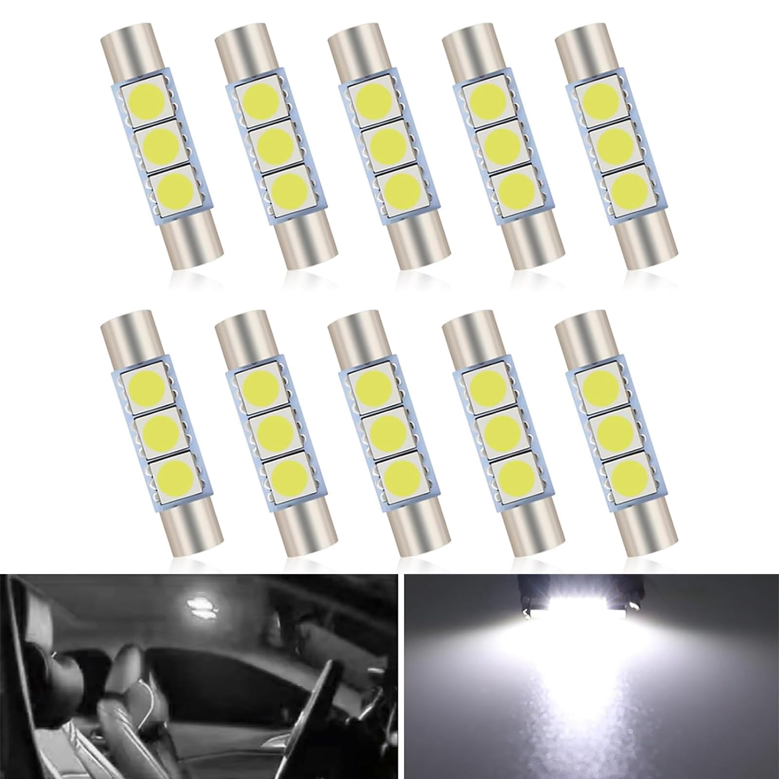 getfay Pack-10 Car 28mm LED Reading Light, 6614F/6612F 5050-3SMD Chips ...