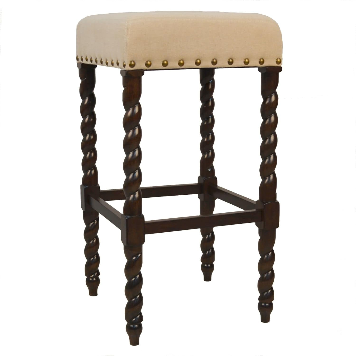gfbd 30" Brown and Ivory Nailhead Trimmed Bar Stool with Barley Twist ...