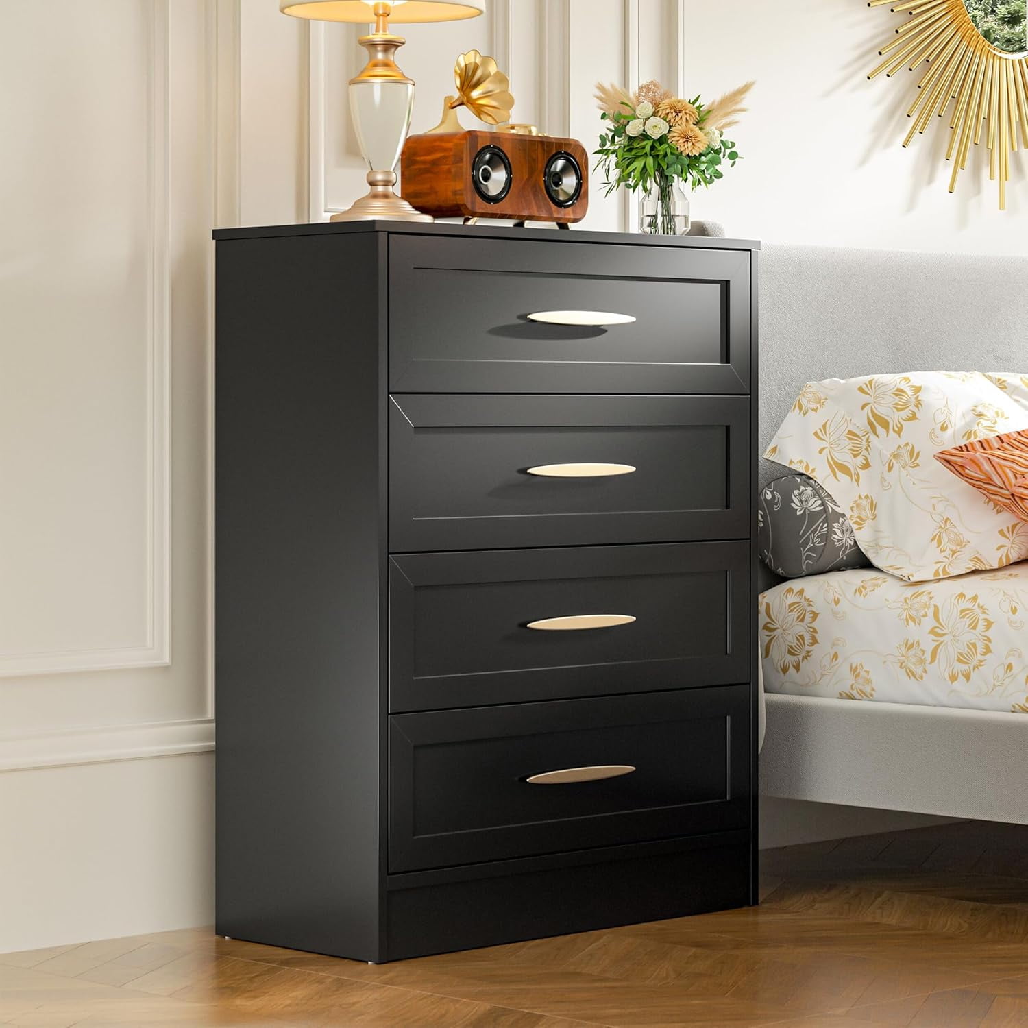 gfbd 4 Drawer Dresser for Bedroom Black and Gold Chest of Drawers with Wide Drawers & Metal ...