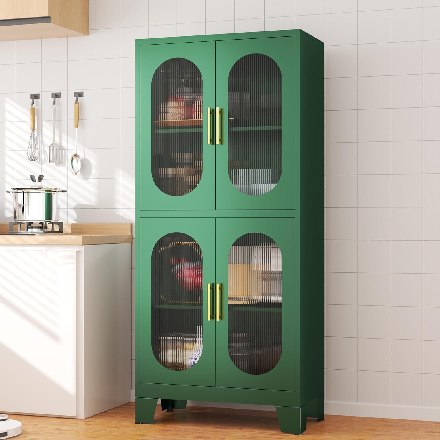 gfbd Metal Storage Cabinet Pantry Cabinet with Acrylic Glass Doors and ...
