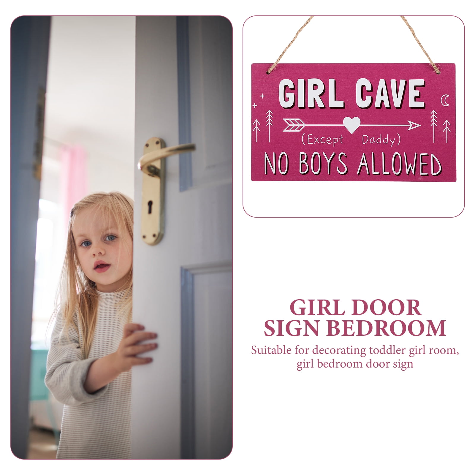 Adorable Pink Girl Bedroom Door Sign Hanging Decor for Wall Wood Rope ...
