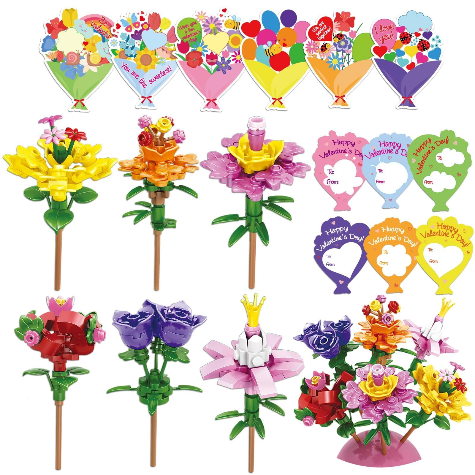 gisgfim 24PCS Valentines Day Cards with Flower Bouquets Building Blocks ...