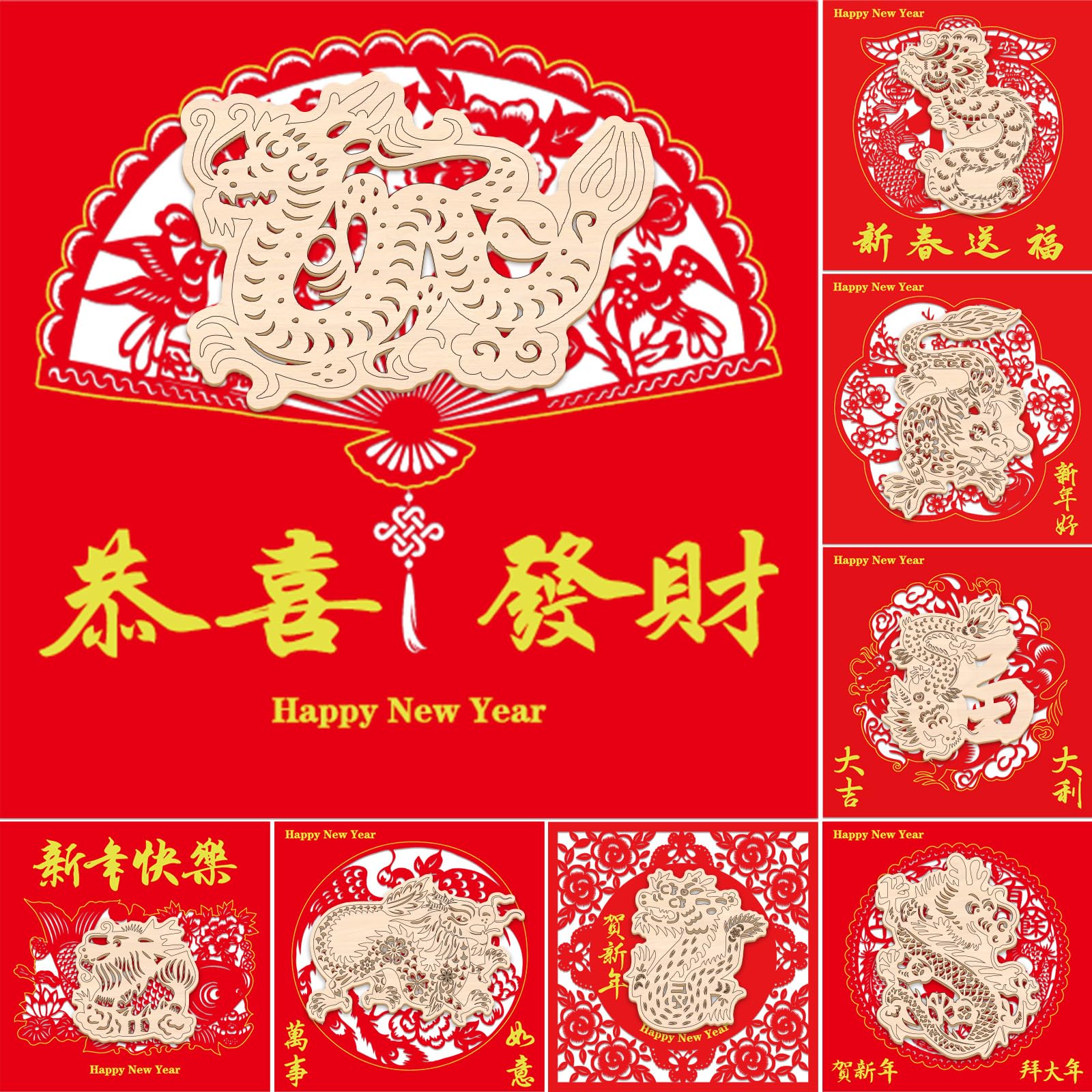 gisgfim 8Pcs Chinese New Year Cards with Red Year of Dragon 2024 ...