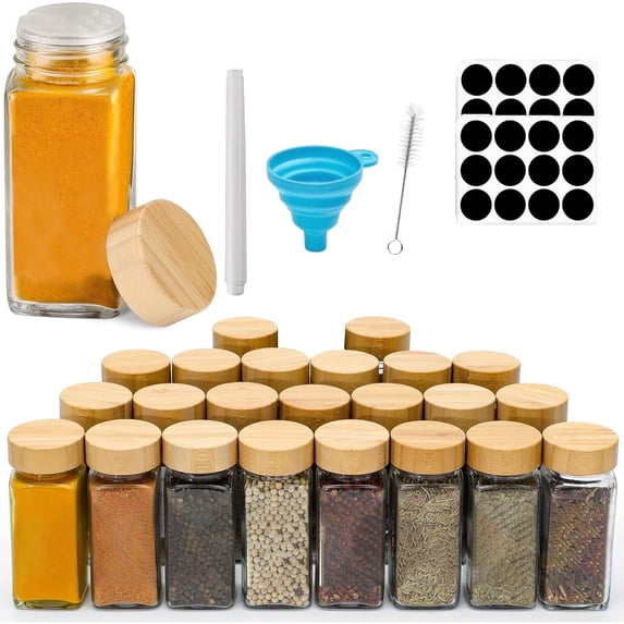 Behome Glass Spice Jars, 24 Pcs, 4oz Square with Bamboo Lids, Shaker ...