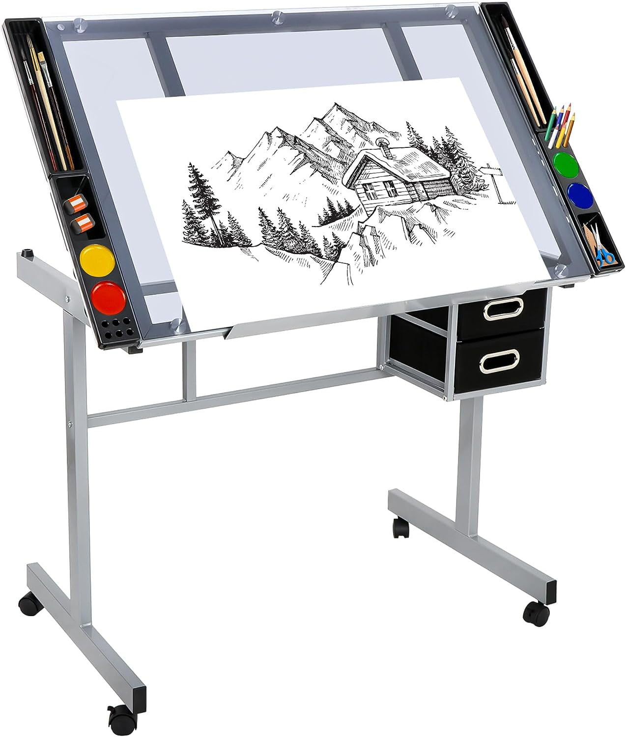 Glass Top Drafting Table with Storage, Adjustable Drawing Desk Rolling ...
