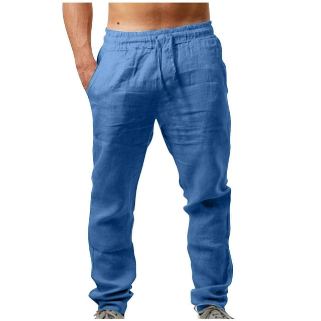 Gldaond Mens Solid Color Cotton Linen Pants Elastic Waist Drawstring