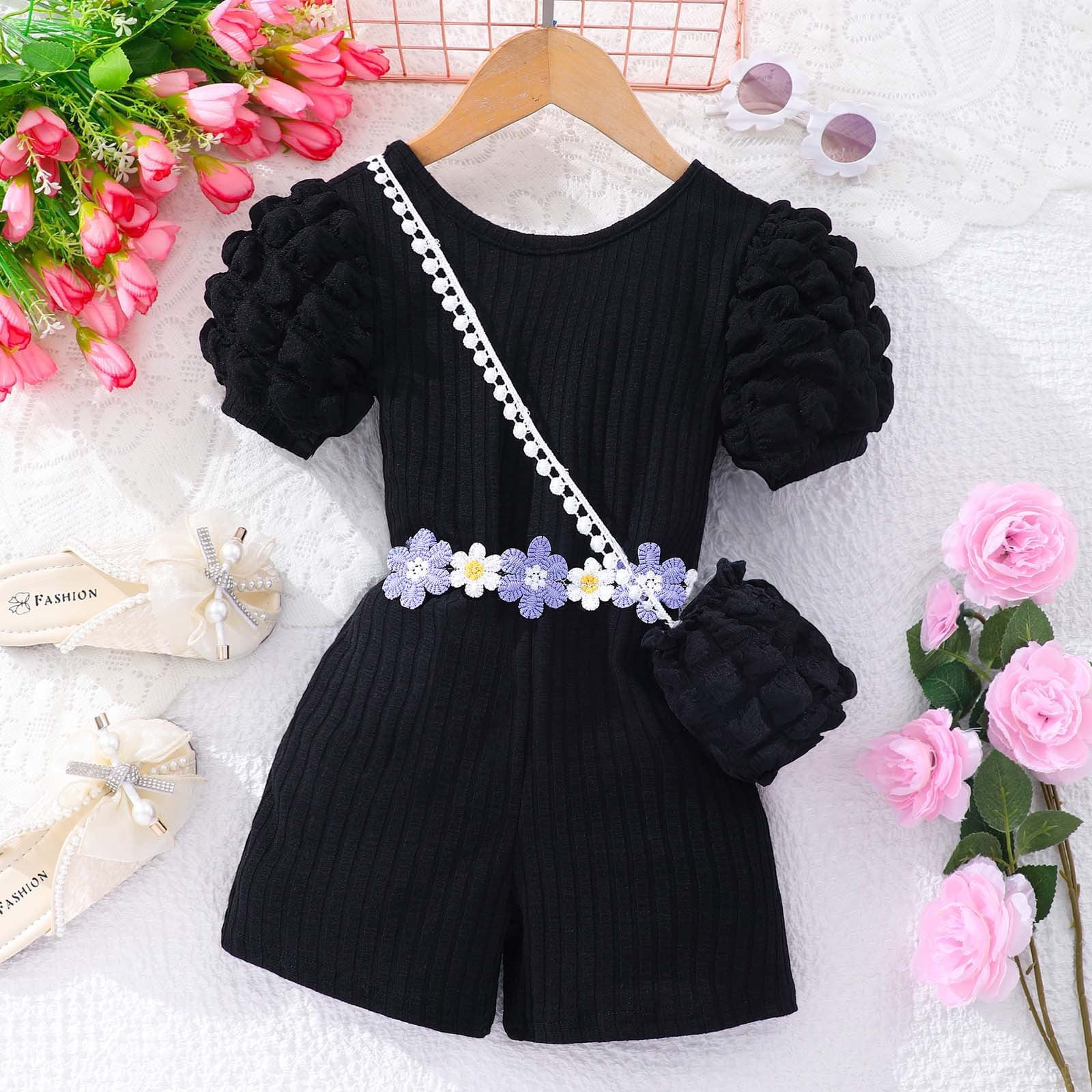 gljltg Girl's Puff Cap Sleeve Crew Neck Dressy Belted Romper Cute Short ...