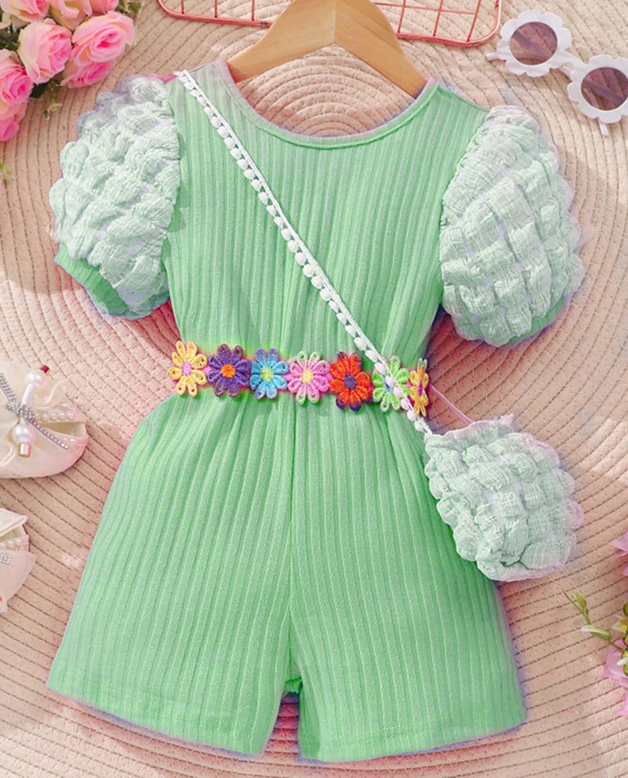 gljltg Girl's Puff Cap Sleeve Crew Neck Dressy Belted Romper Cute Short ...