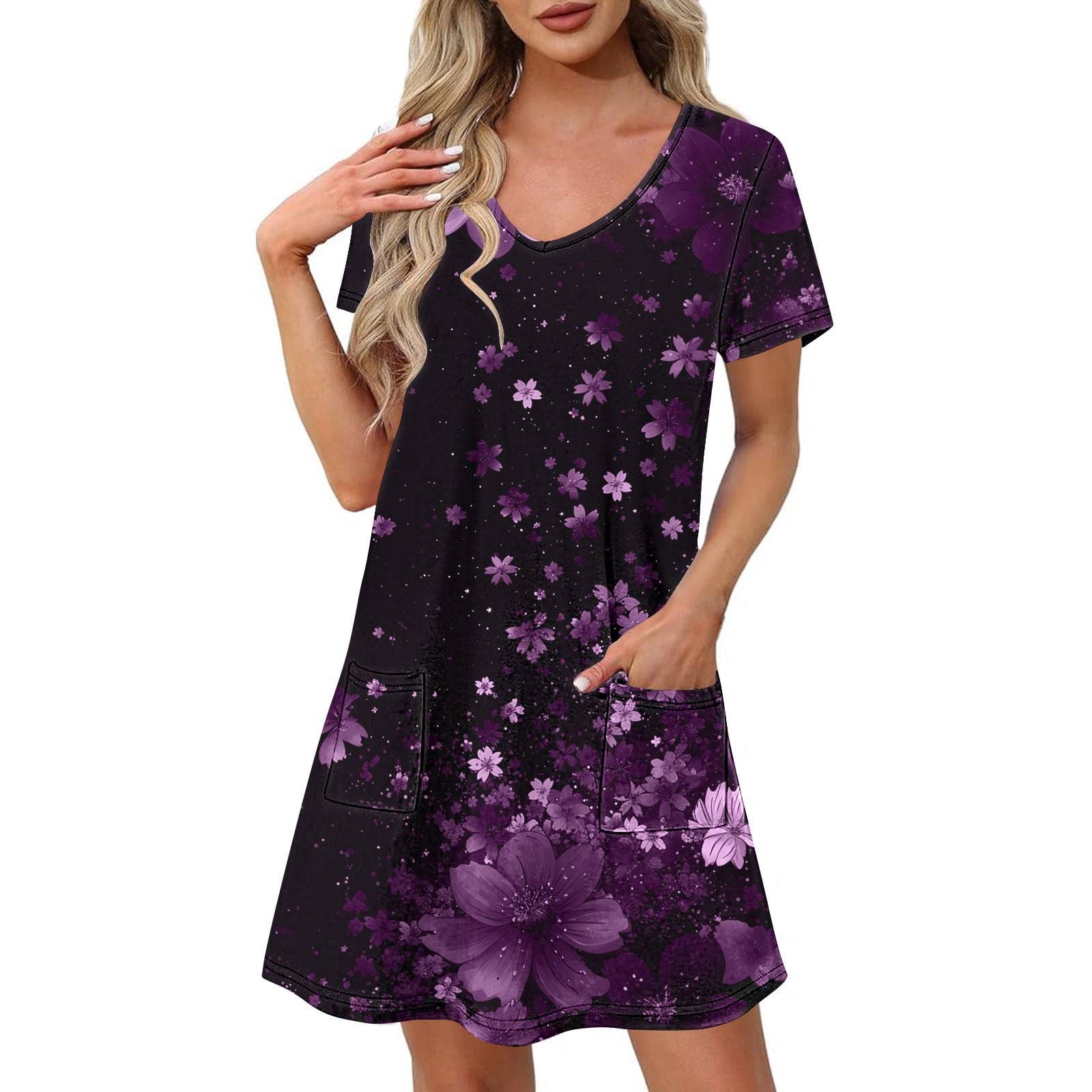 gljltg Women's Floral Print Dress Summer Linen Dresses Casual V Neck ...
