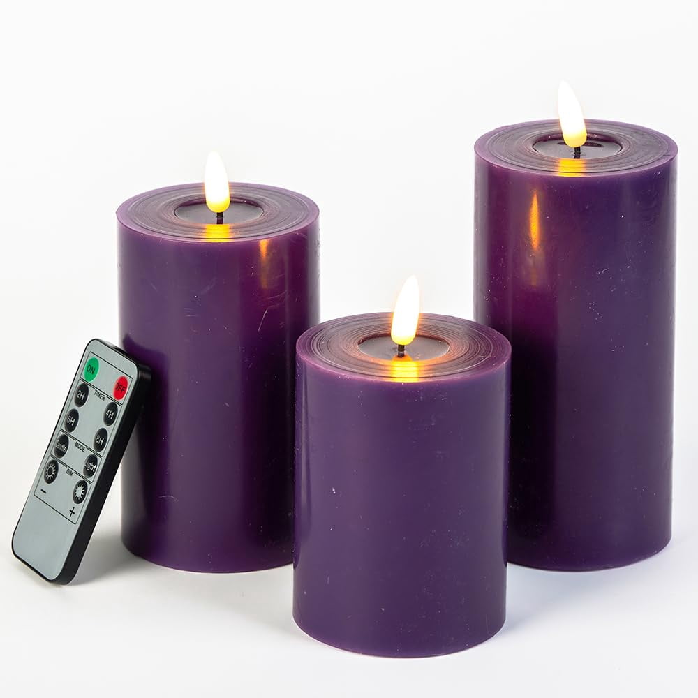 glowiu Purple Flameless Candles Battery Operated with Remote (D3 x H 4 ...