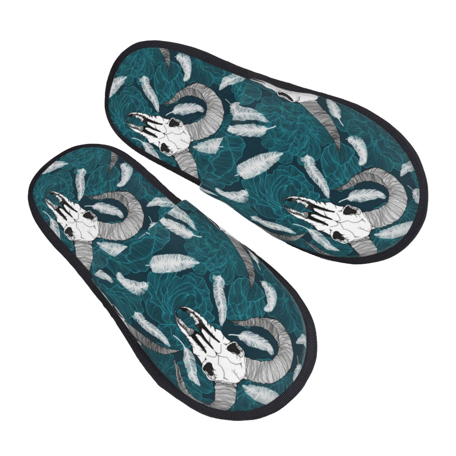 goat skull sketch style feathers House Slippers for Women Indoor, Fuzzy ...