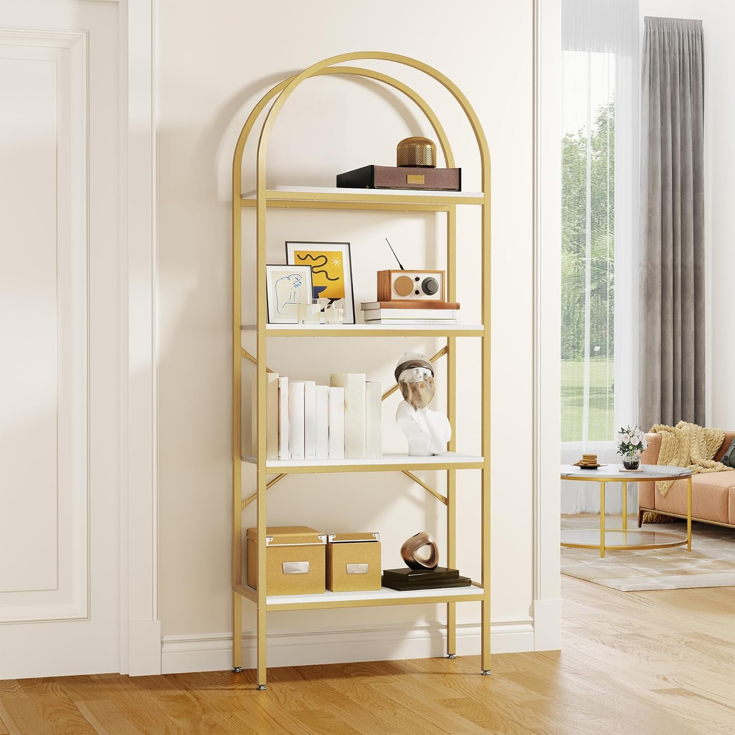 **gold bookshelf and bookcase, 71.3” tall modern open arched book shelf ...
