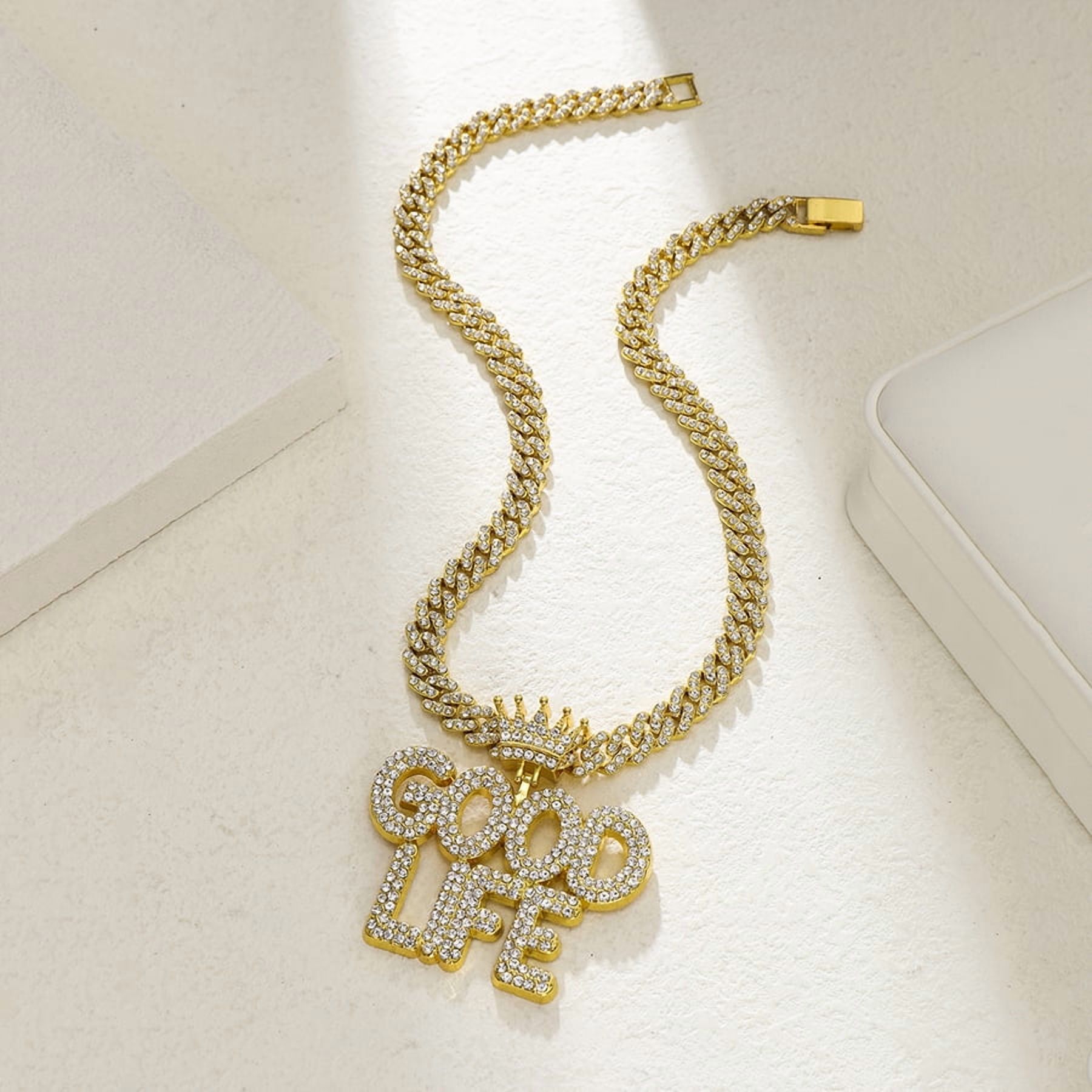This gold-colored pendant necklace with the "GOOD LIFE" letter design ...