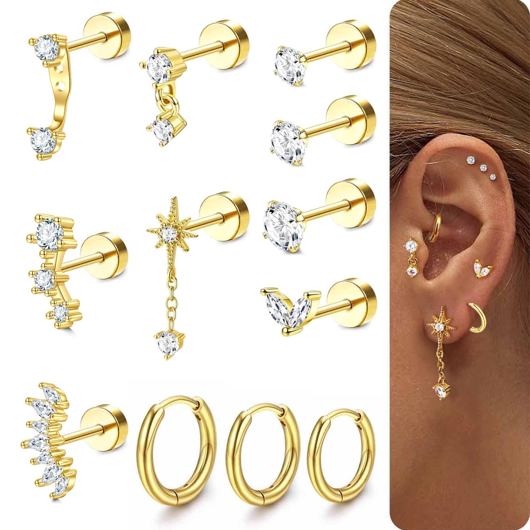20Gauge Cartilage Earrings for Women Flat Back-Hypoallergenic Surgical ...