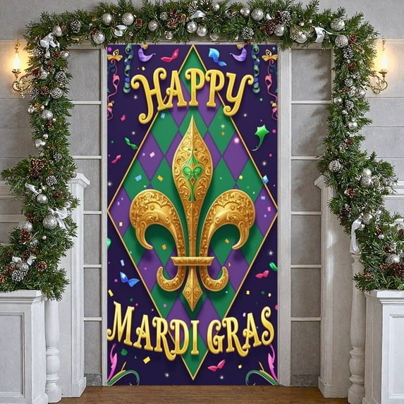 gold fleur-de-lis Happy Mardi Gras Banner green feathers Carnival ...