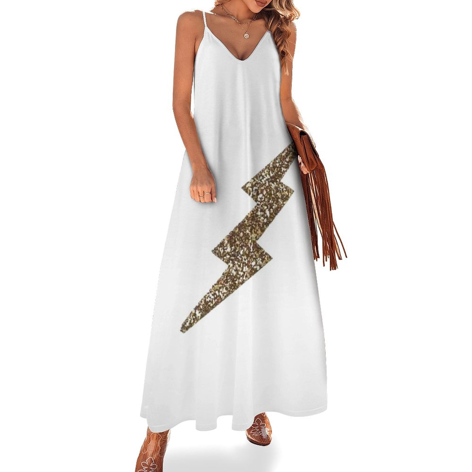 gold glitter bolt Sleeveless Dress womans clothing summer clothes for ...