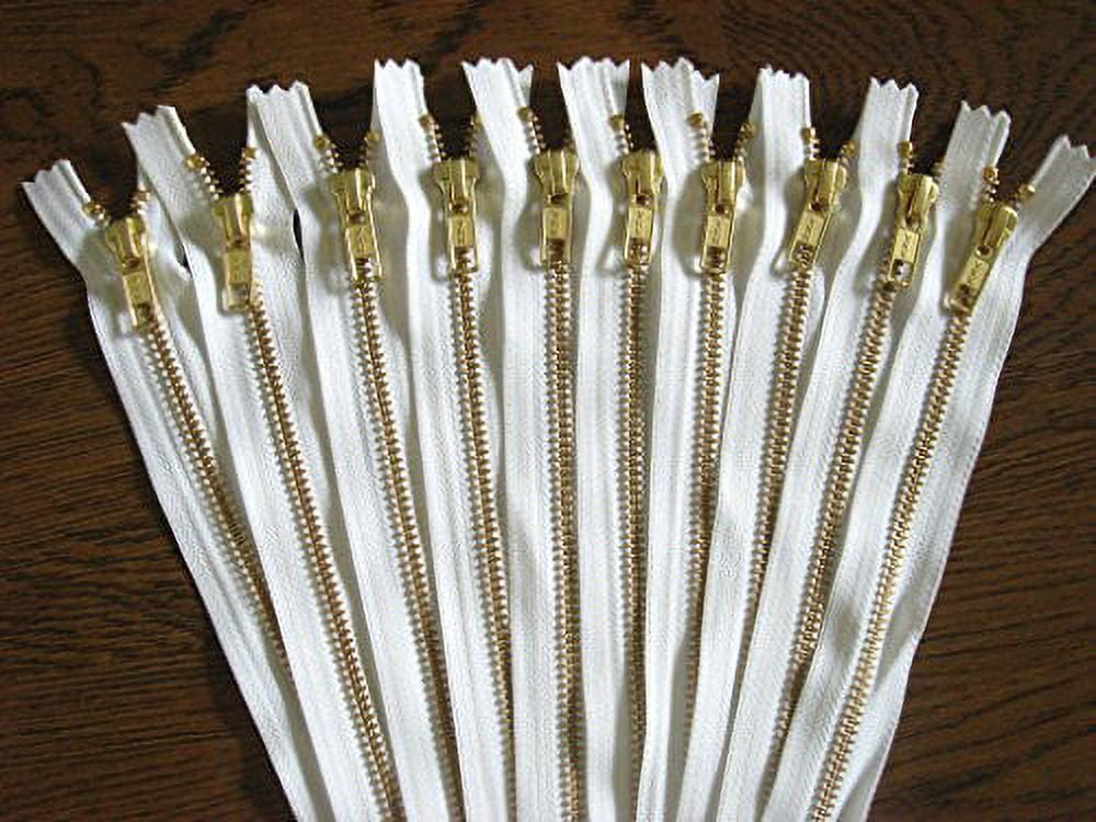 gold metal zippers - pack of 10 white YKK zippers - 10 inch zippers ...