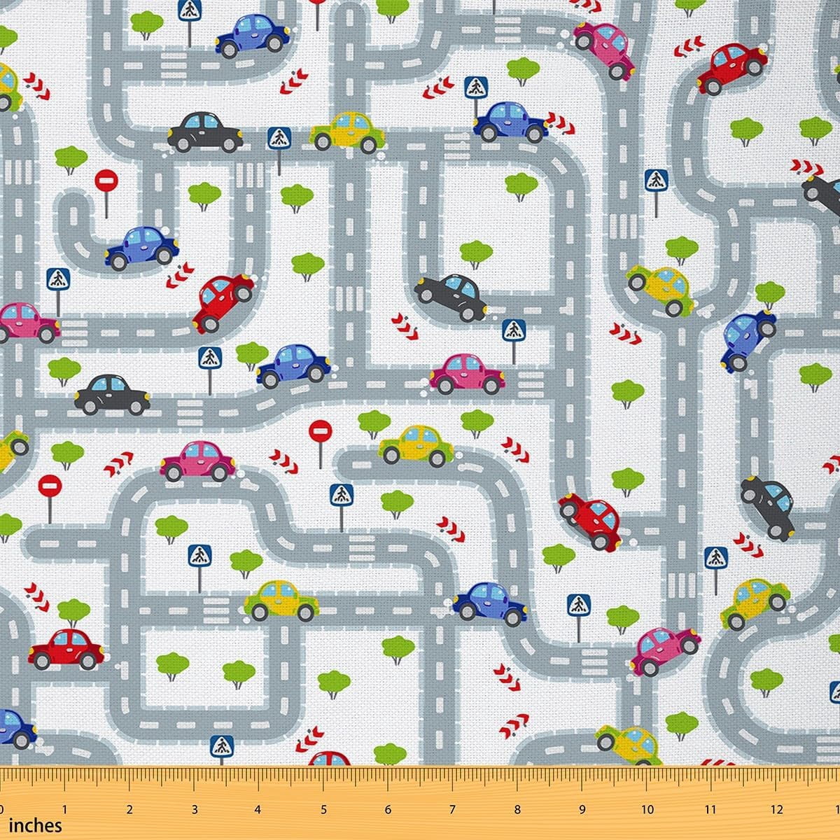 good fortune Cartoon Car Road Fabric by The Yard, Kids Car Race Track ...