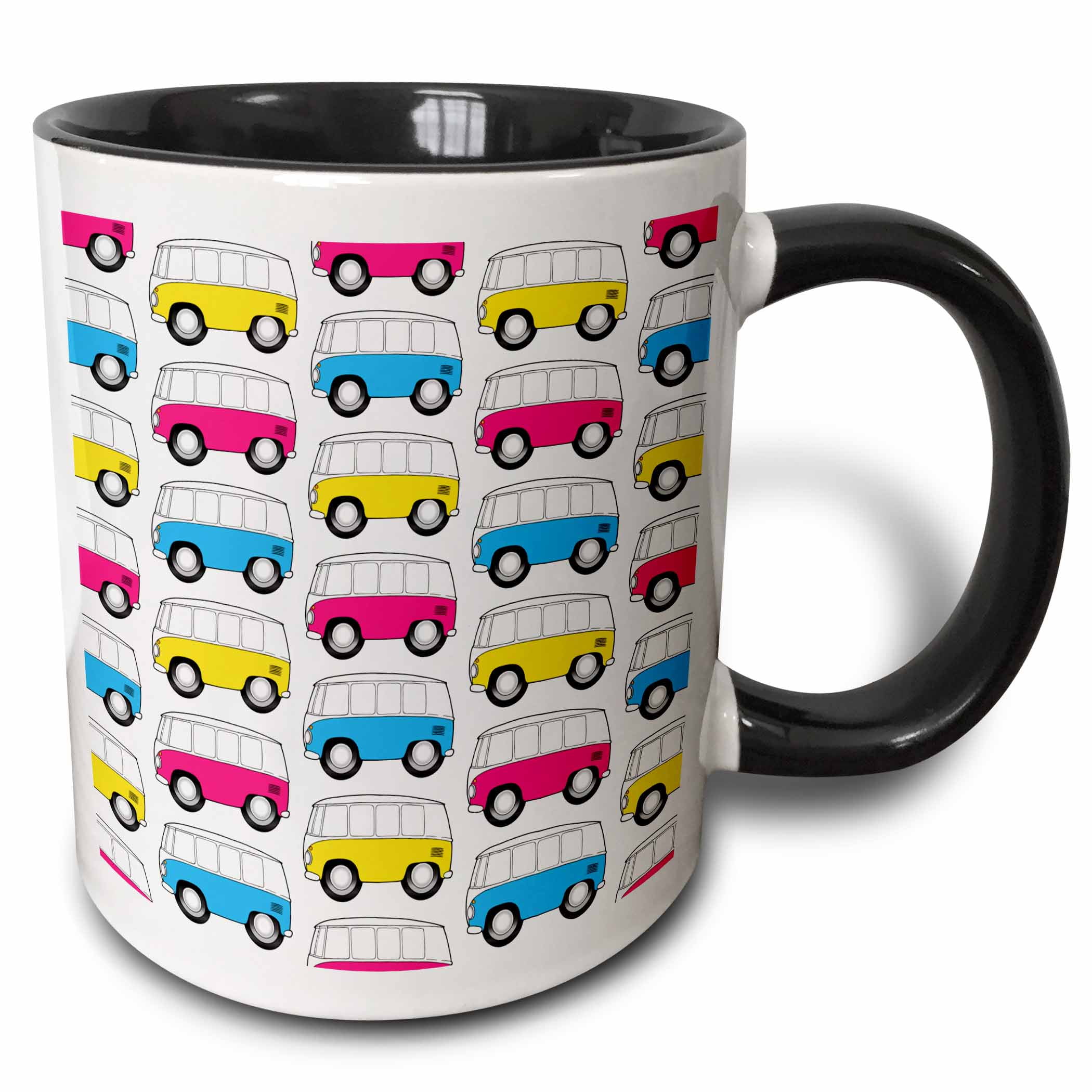 goofy toon micro-bus patterns on a white background, mixed colors 11oz ...