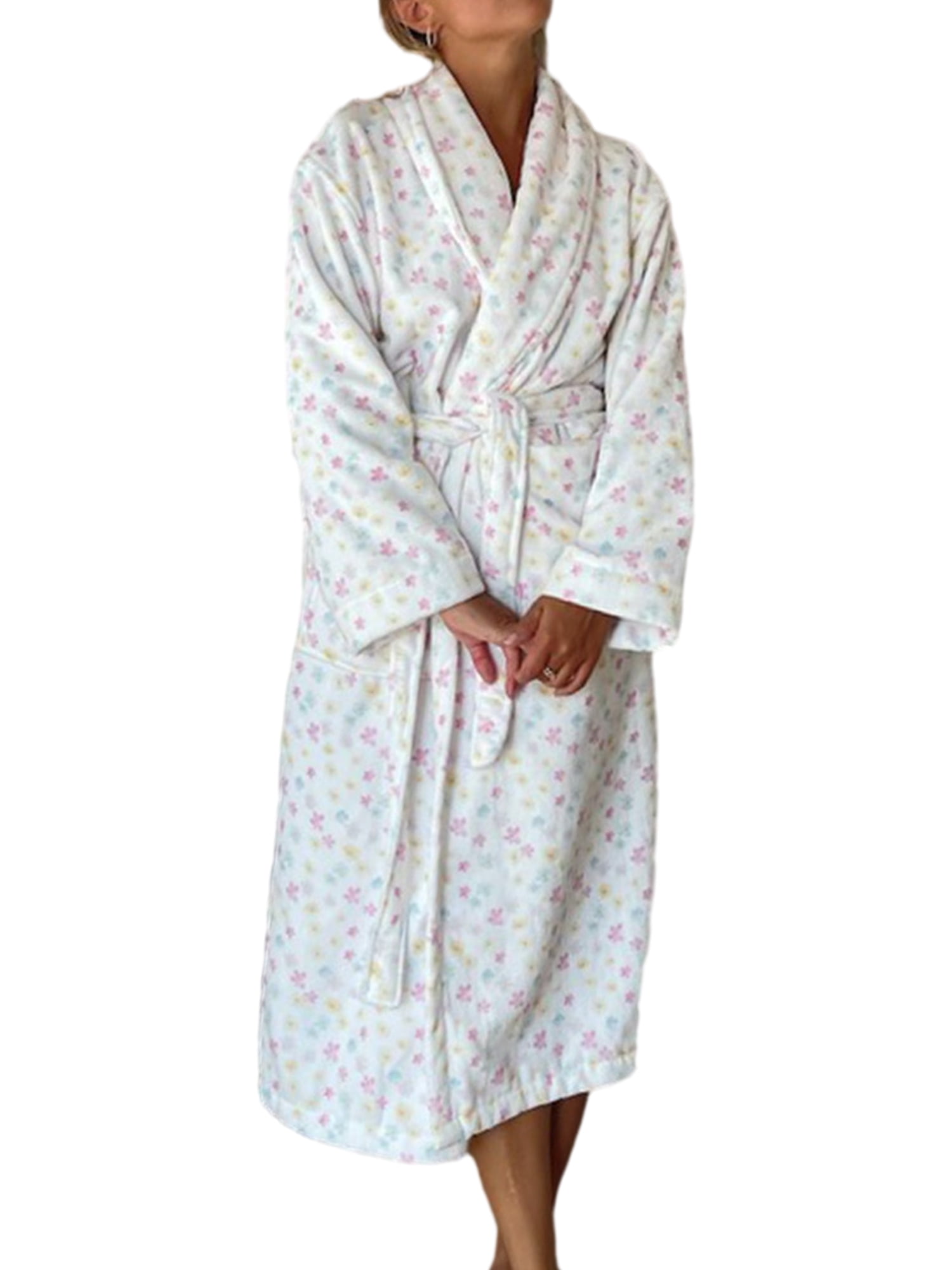goowrom Women Dressing Gown Flannel Robe Floral Print Shawl Collar ...