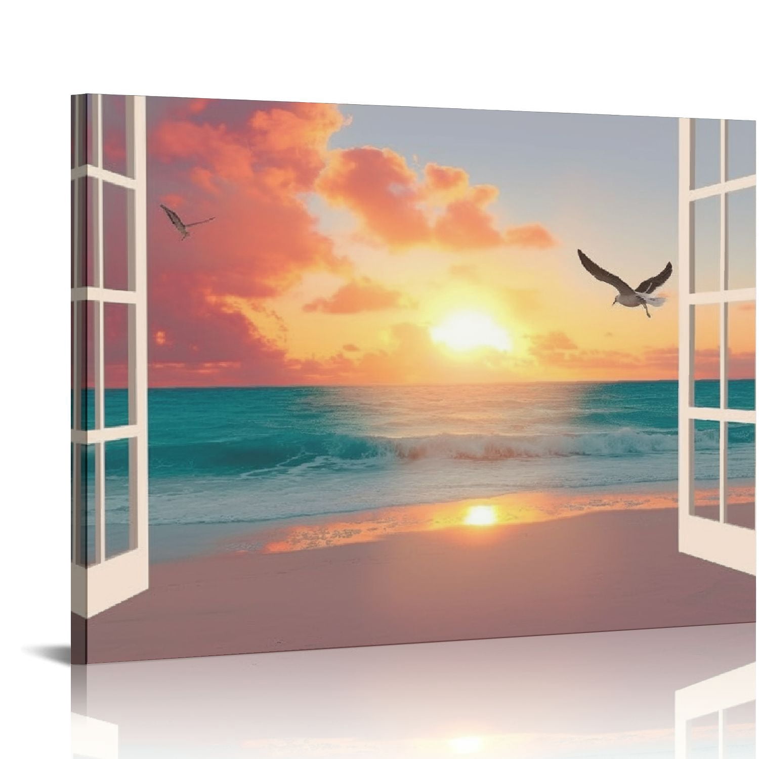 gouleft Beach Wall Art Window Outside View Coastal Seagull Poster Blue ...