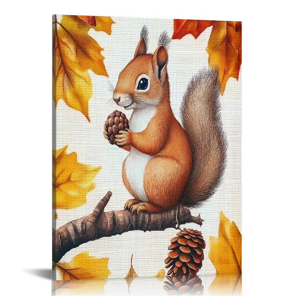 gouleft Canvas Art for Living RoomFramed Wall Painting Art Fall Squirrel Pumpkin Sunflower ...