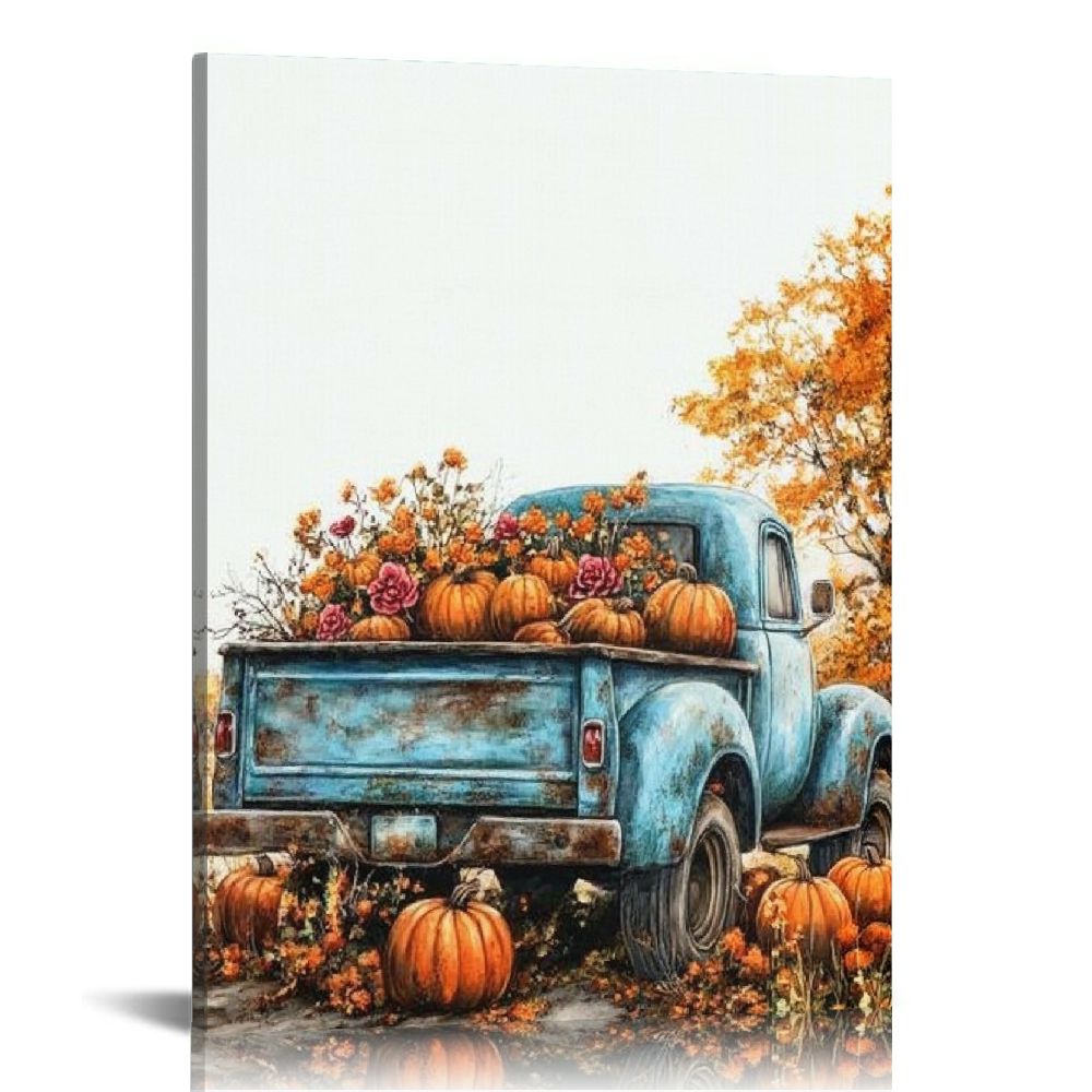 gouleft Fall Pumpkin Truck Canvas Wall Art, Blue Vintage Pickup with ...