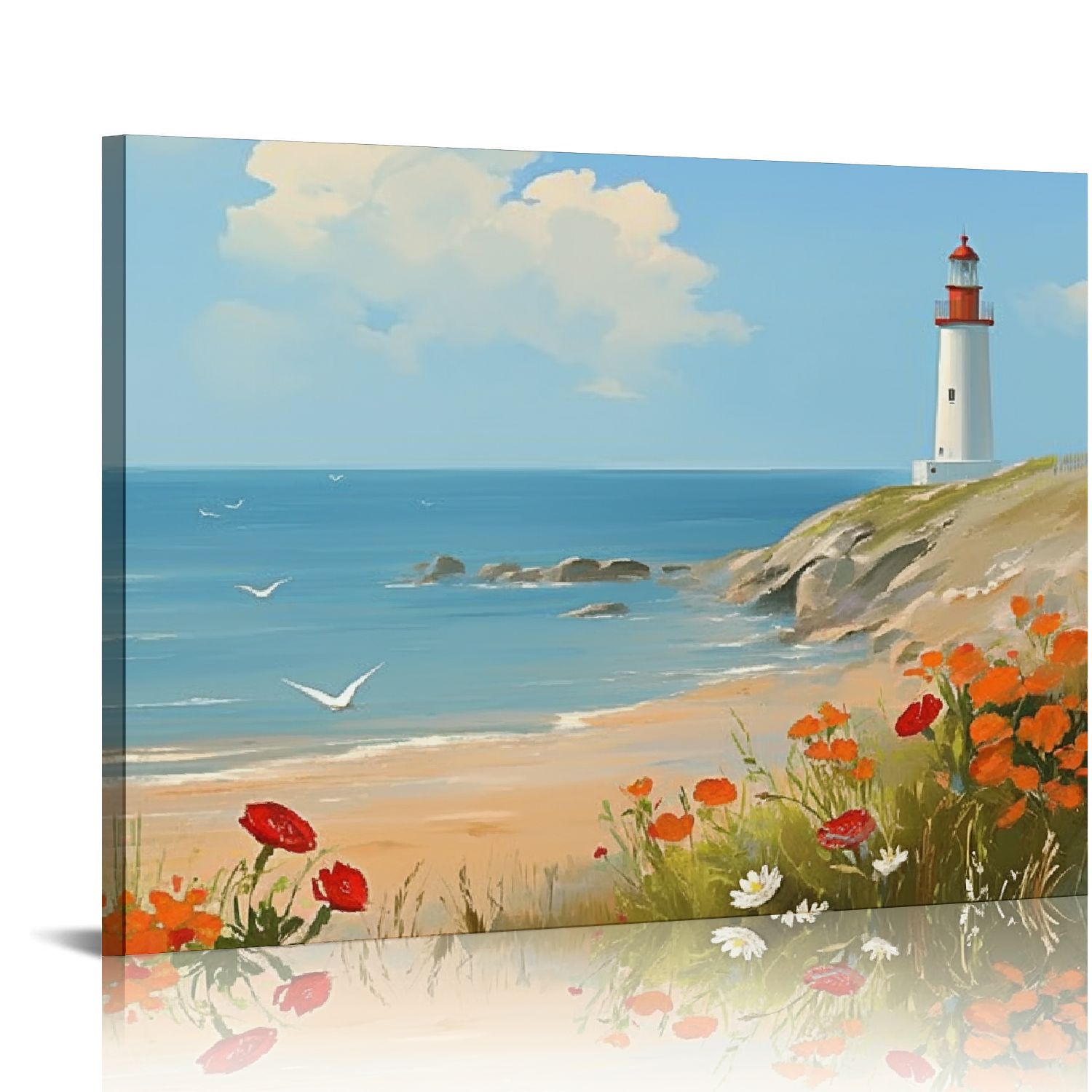 gouleft Flowers Wall Art Canvas Blue Ocean Lighthouse Painting Seascape Landscape Coastal ...
