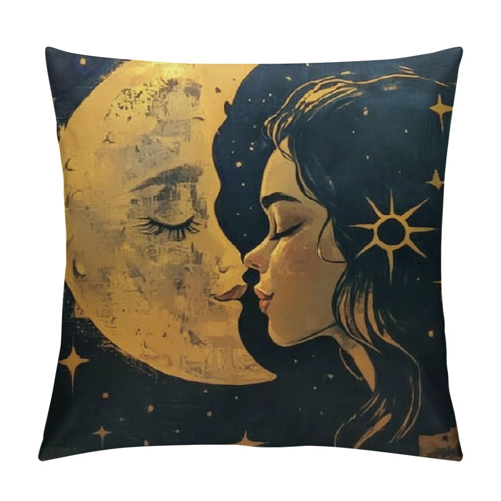 gouleft Golden Sun Pillow Case Antique Crescent Moon Stars Over Blue ...