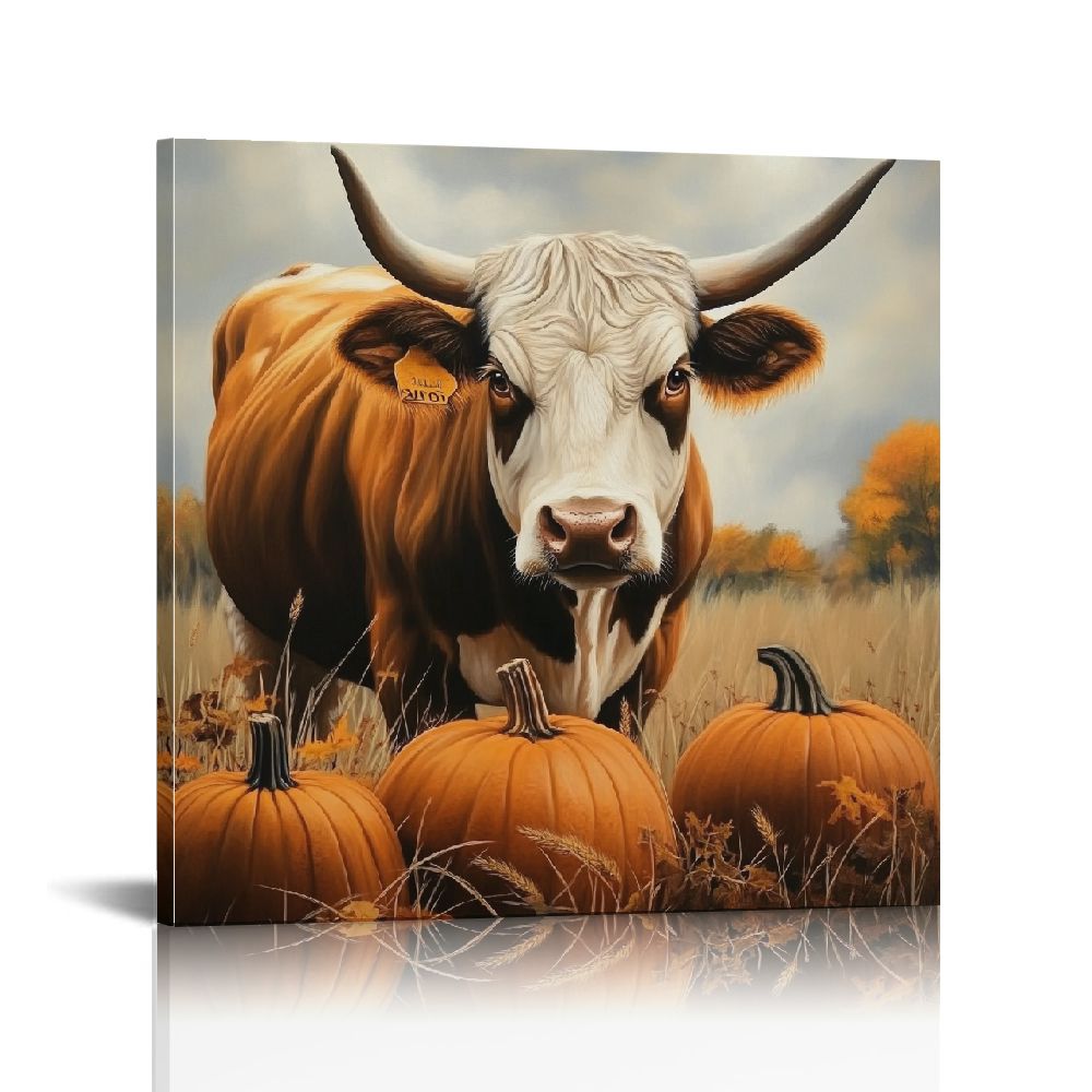 gouleft Highland Cow Canvas Print Wall Art Farm Longhorn with Pumpkin ...
