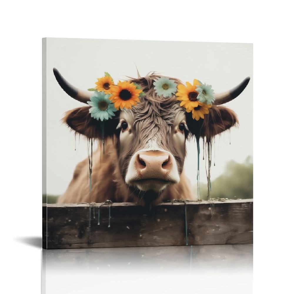 gouleft Highland Cow Canvas Wall Art Cute Cattle with White Daisy ...