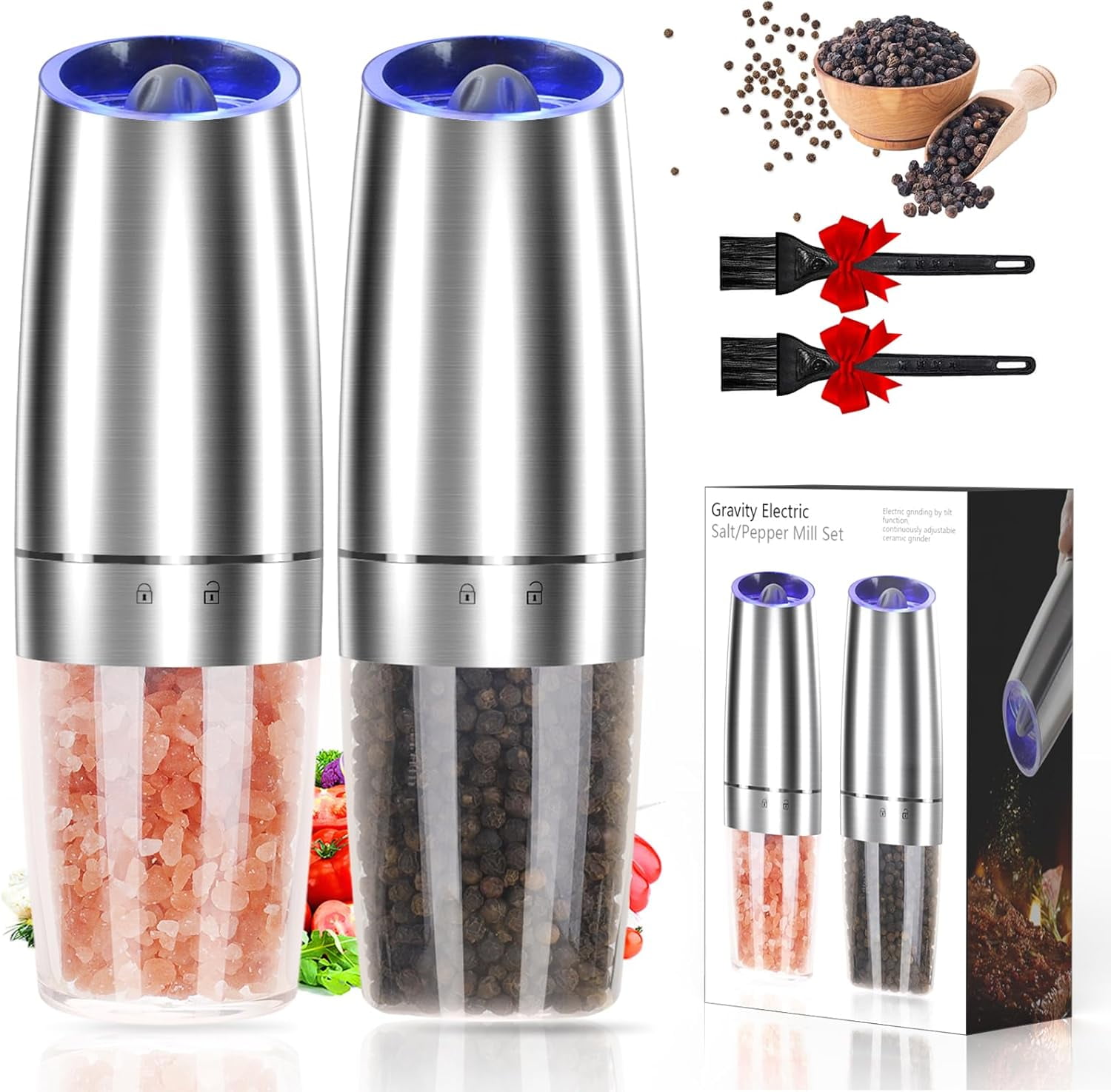 Gravity Electric Pepper and Salt Grinder Set, Adjustable Coarseness ...