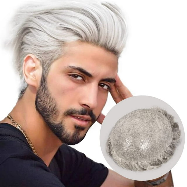 gray toupee for men Soft Thin Skin Men's Toupee Human Hair silver white ...