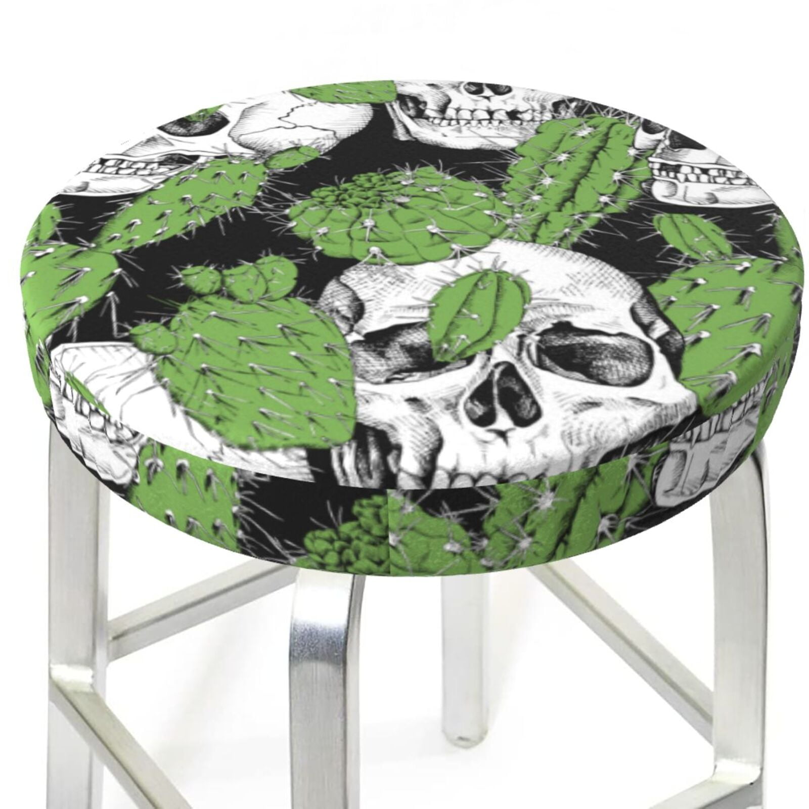green Cactus skull Bar Stool Covers - Stretch Round Seat Covers with ...