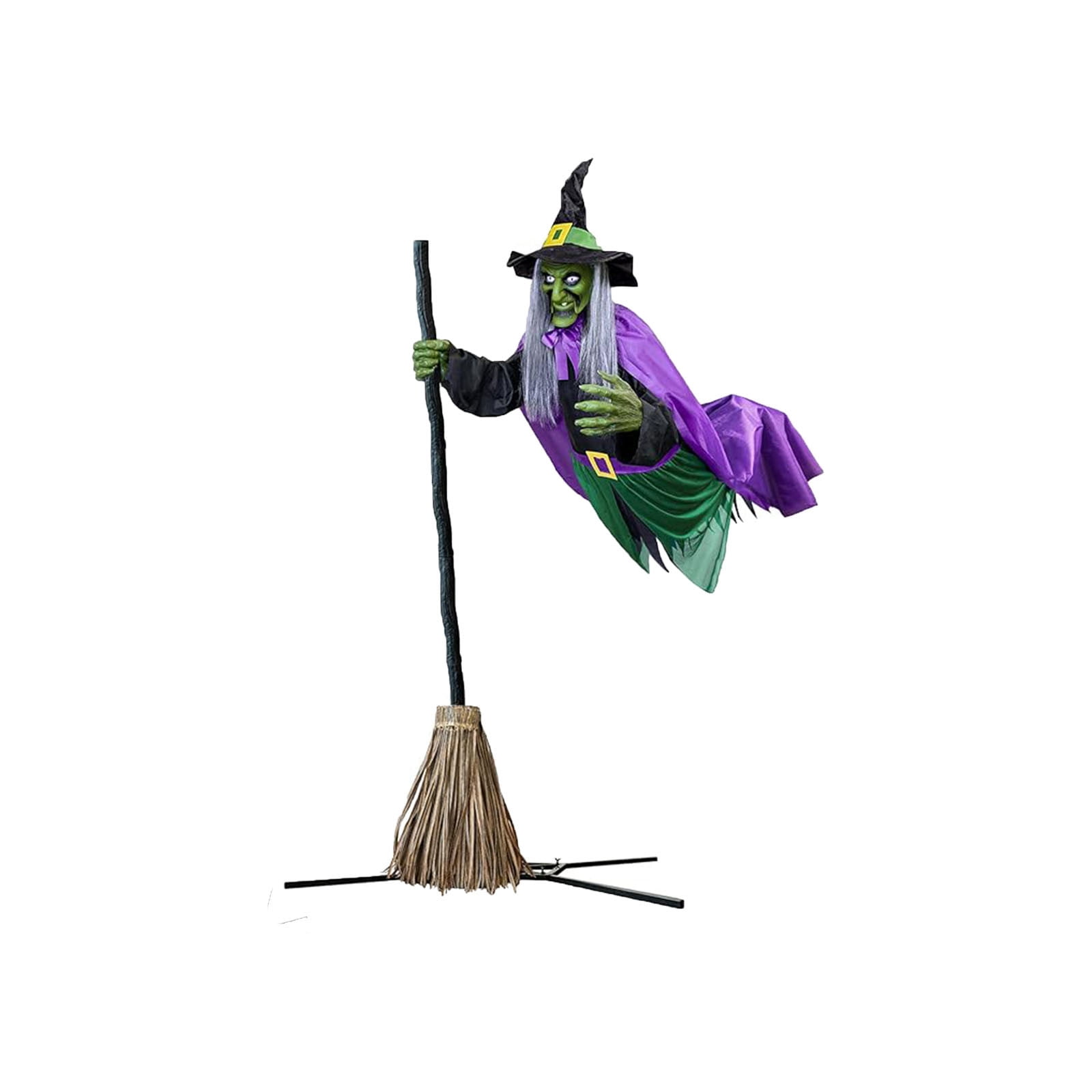 green Six Foot Animated Flying Witch Decoration For Halloween With Base ...