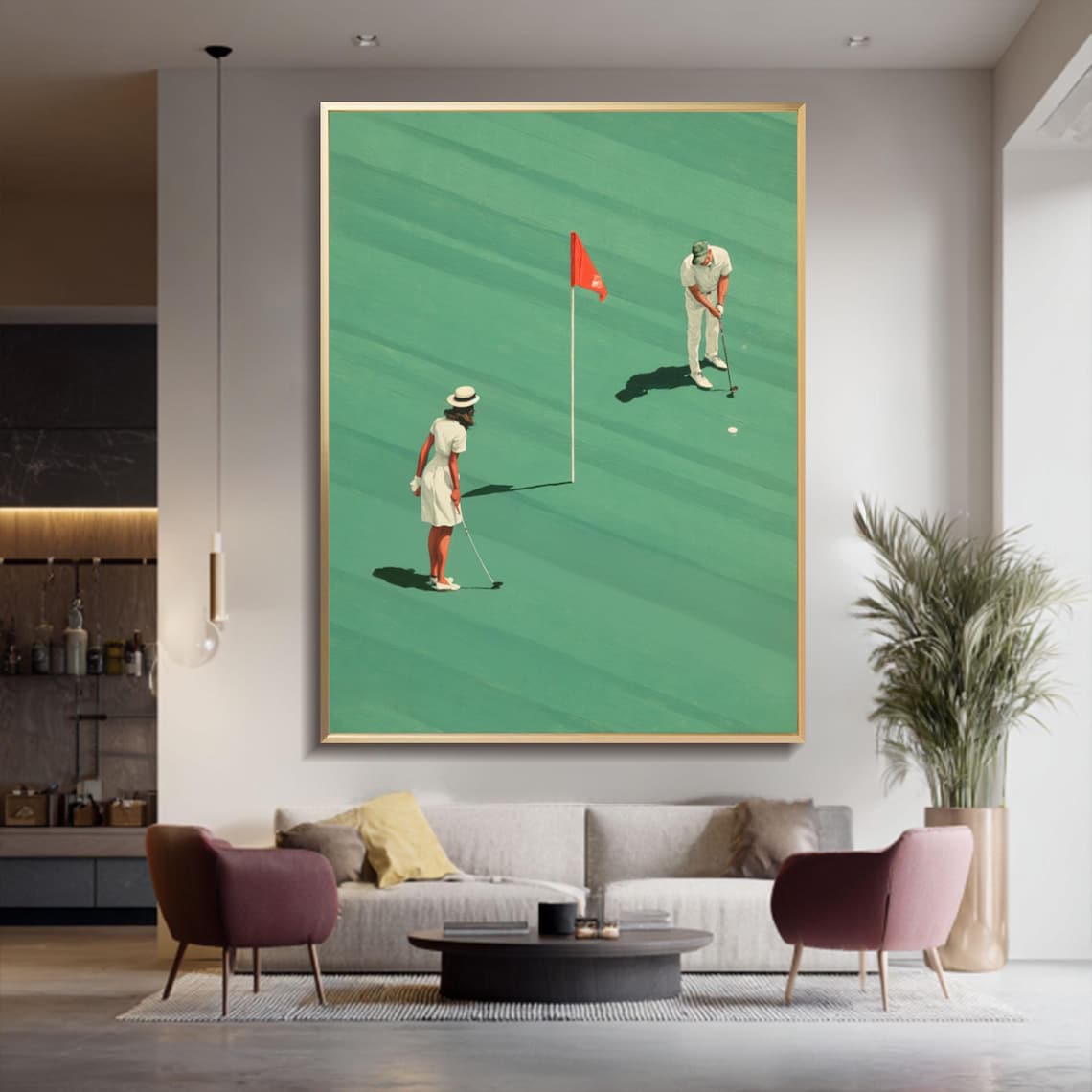 green abstract green golf wall art man and woman wall art golf course ...