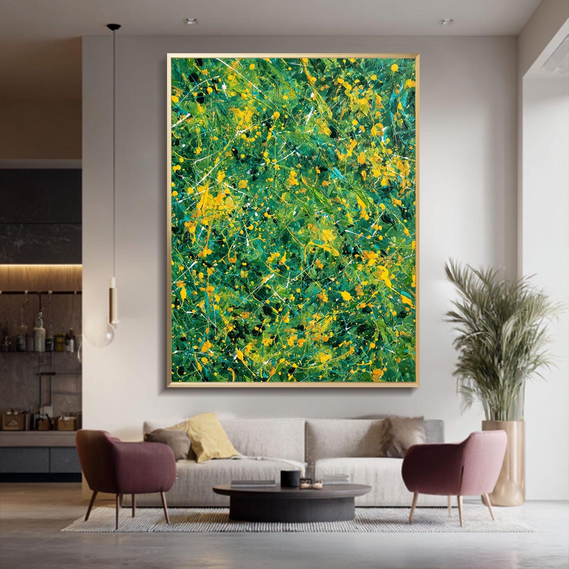 green colorful abstract yellow Jackson Pollock style s on room green ...