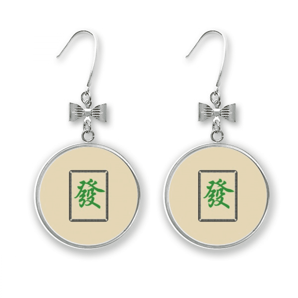green mahjong tiles pattern bow earrings drop stud pierced hook ...