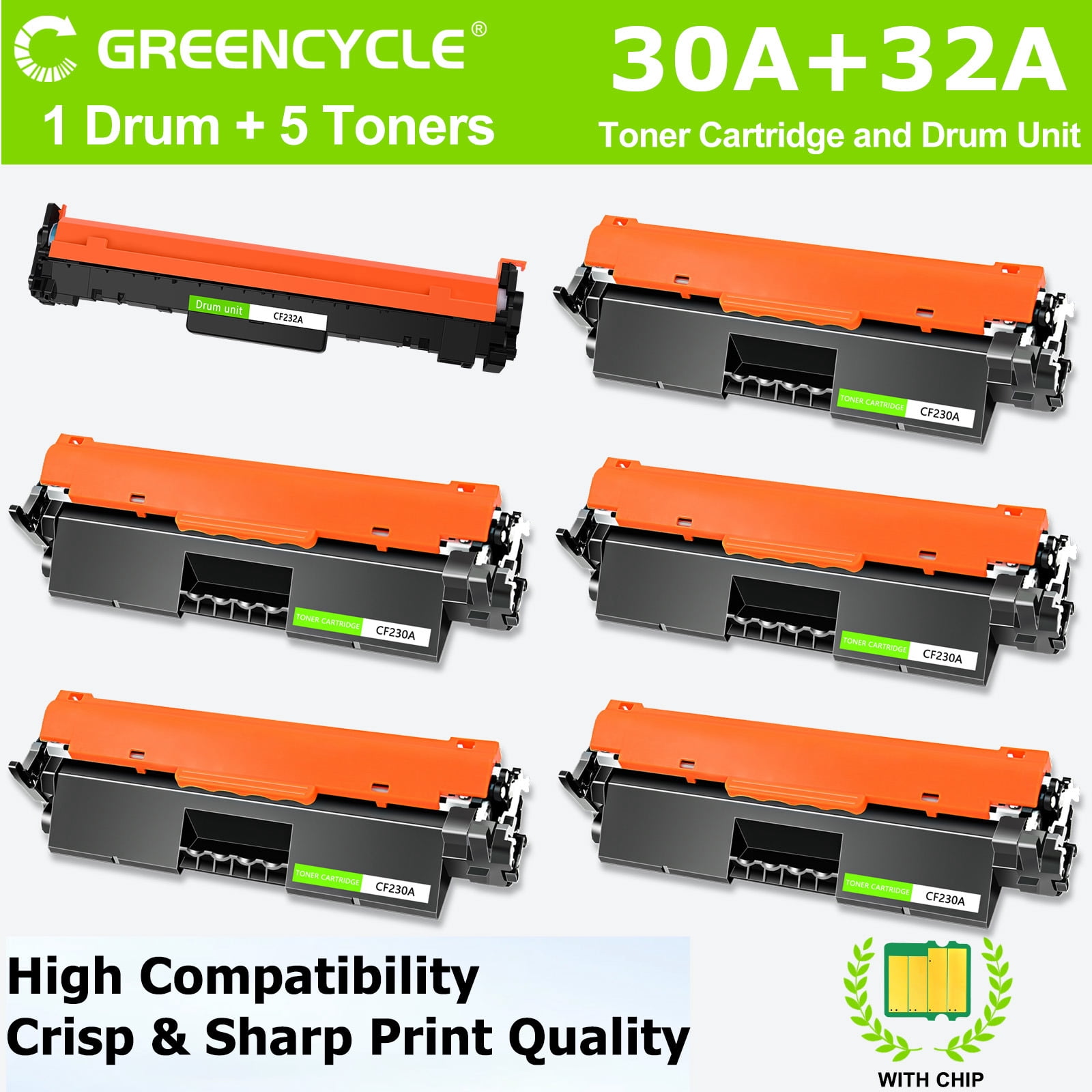 greencycle 1pc CF232A Drum & 5pcs CF230A Compatible Toner Cartridge ...