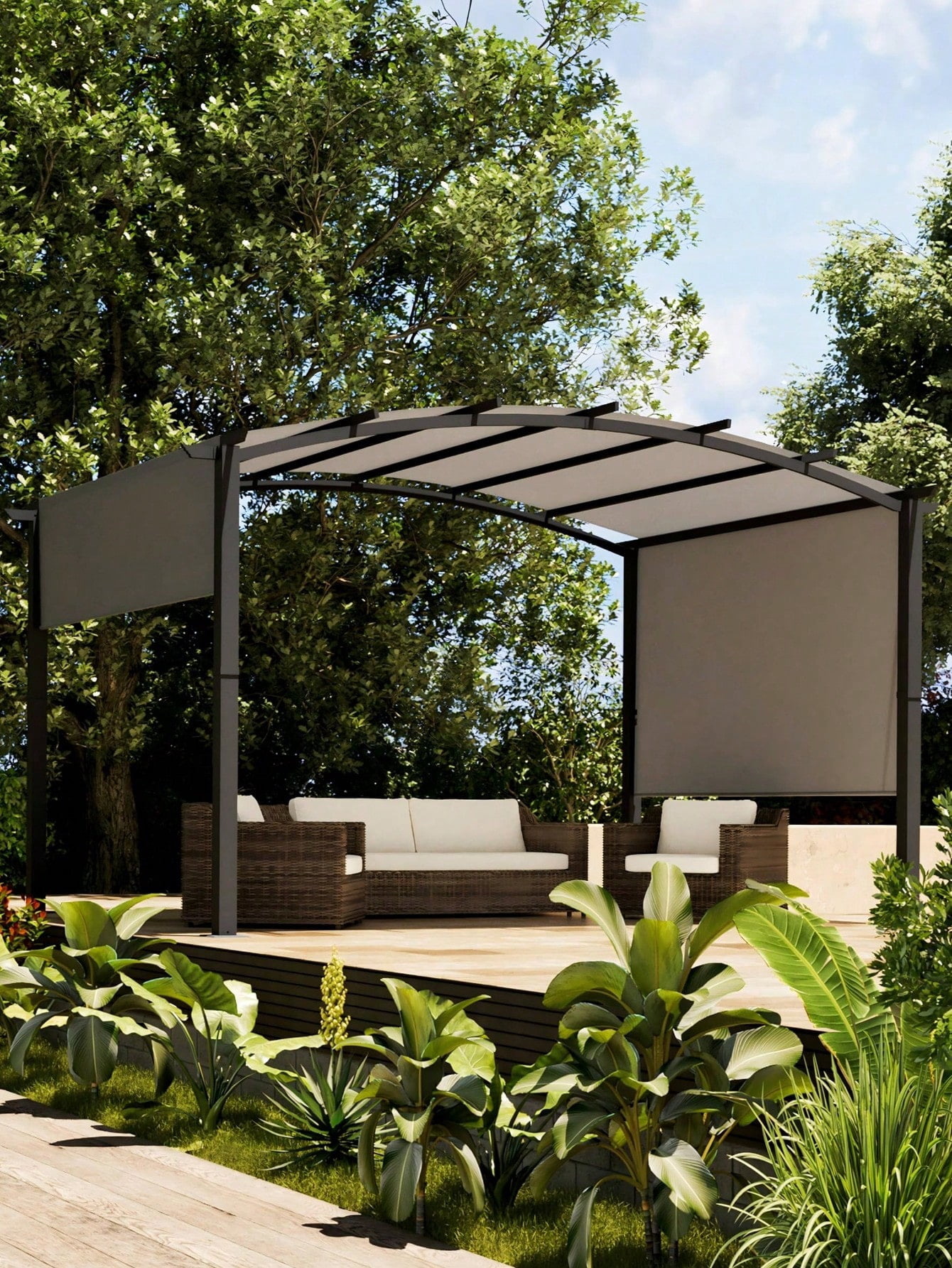 grey- 12x9 Ft Outdoor Arched Pergola Metal Gazebo With Retractable Sun ...