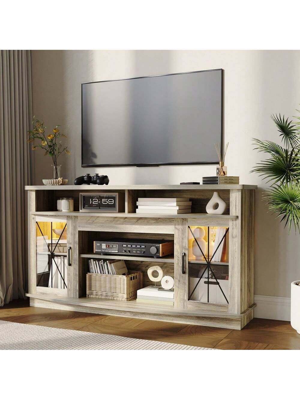 grey Farmhouse TV Stand For 70 Inch TVs, 32" Tall Entertainment Center ...
