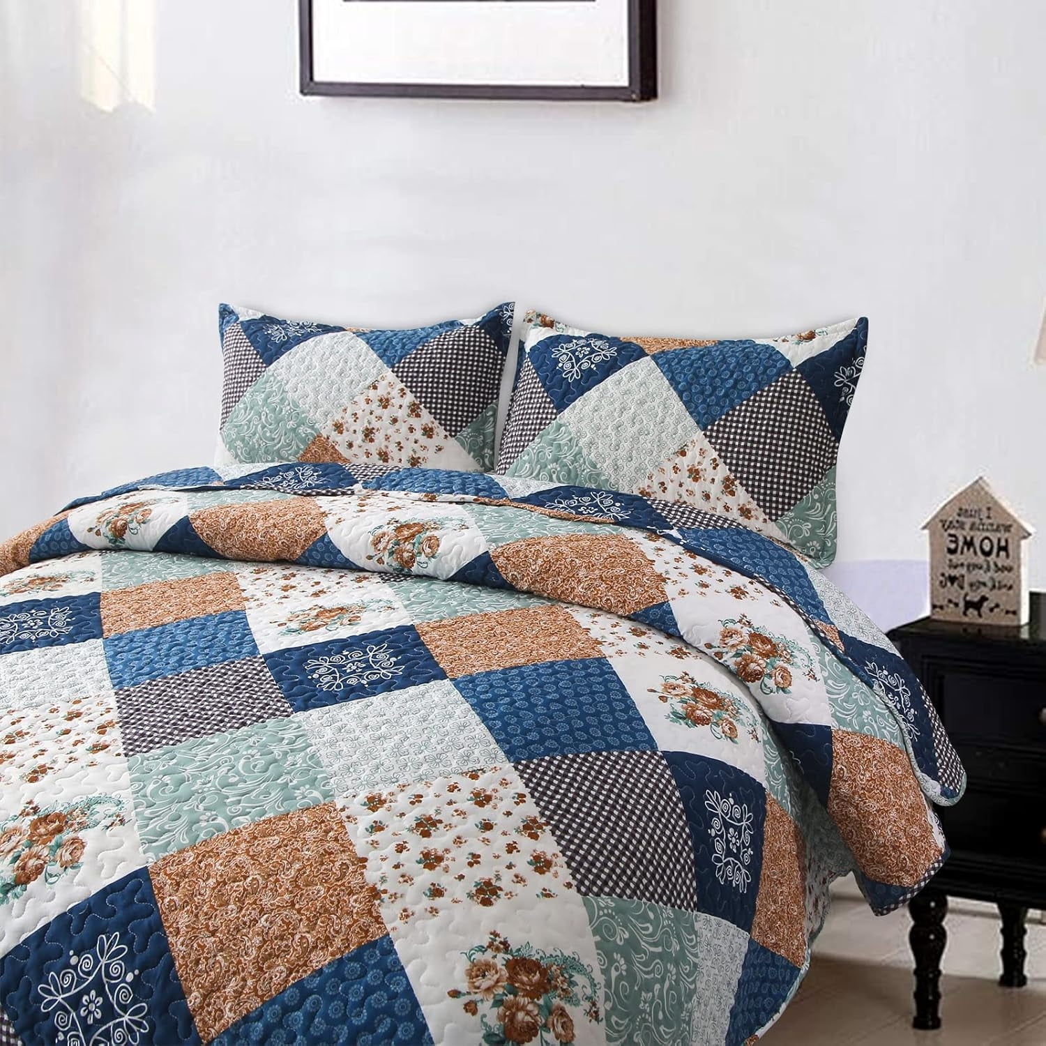 grqwdhj Floral Plaid Patchwork Quilt Set King Size Reversible Brown ...