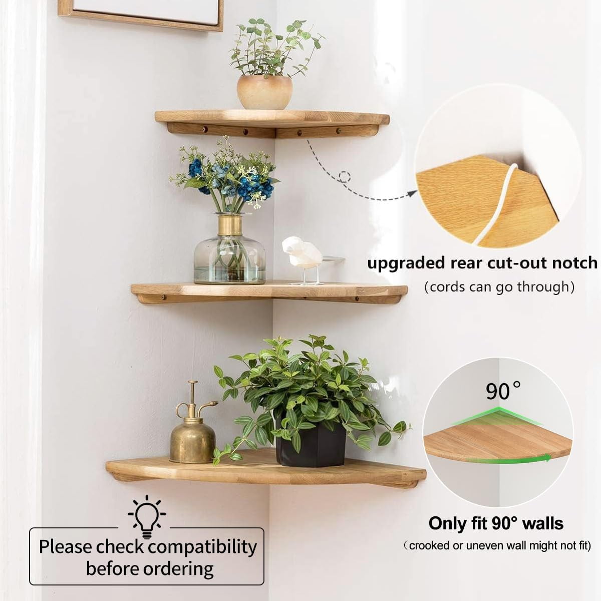 grqwdhj KFHDMCV KFHDMCV Corner Shelf Solid Oak Wood Floating Corner ...