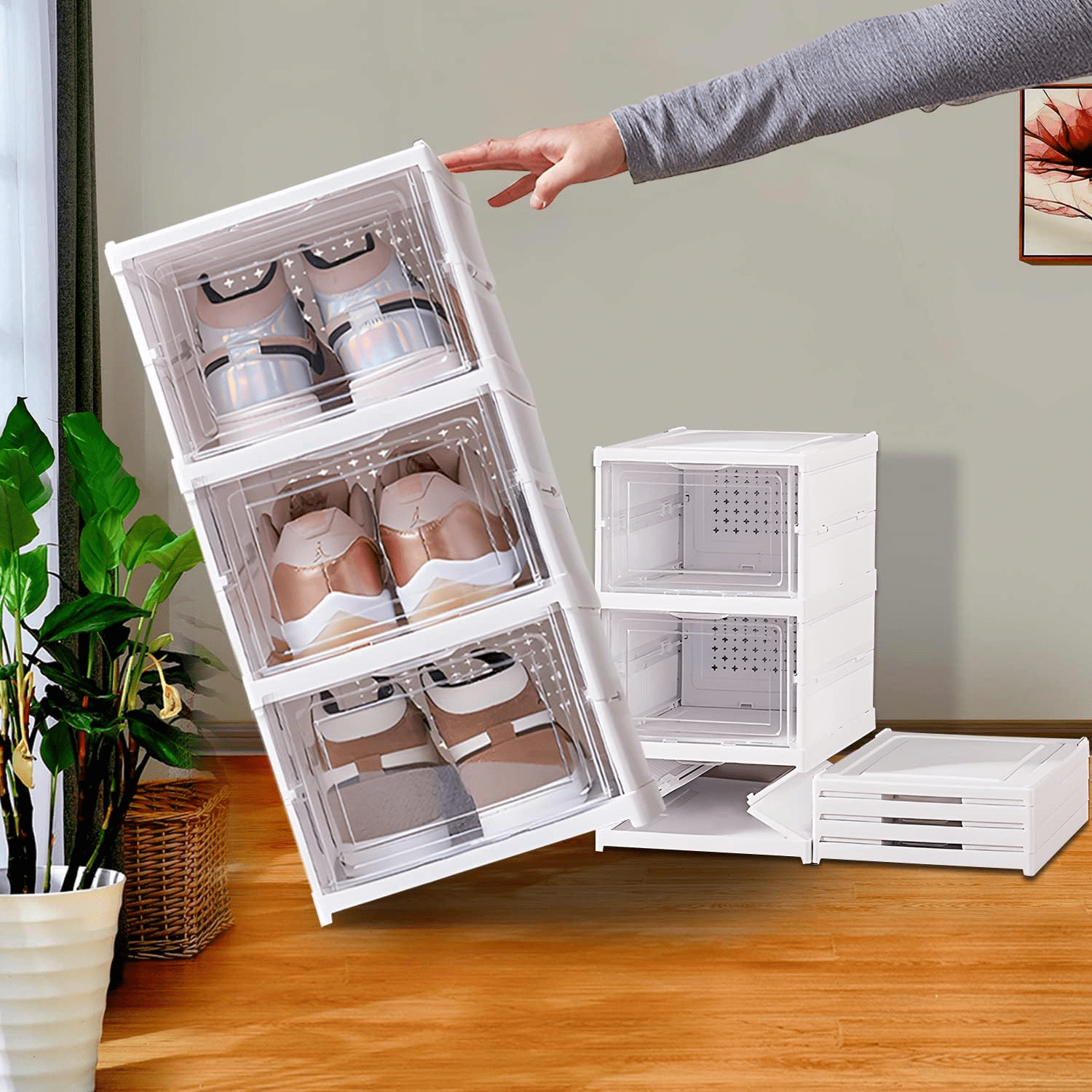 dxynlzq Drop Front Shoe Storage No Assembly Stackable Shoe Organizer ...
