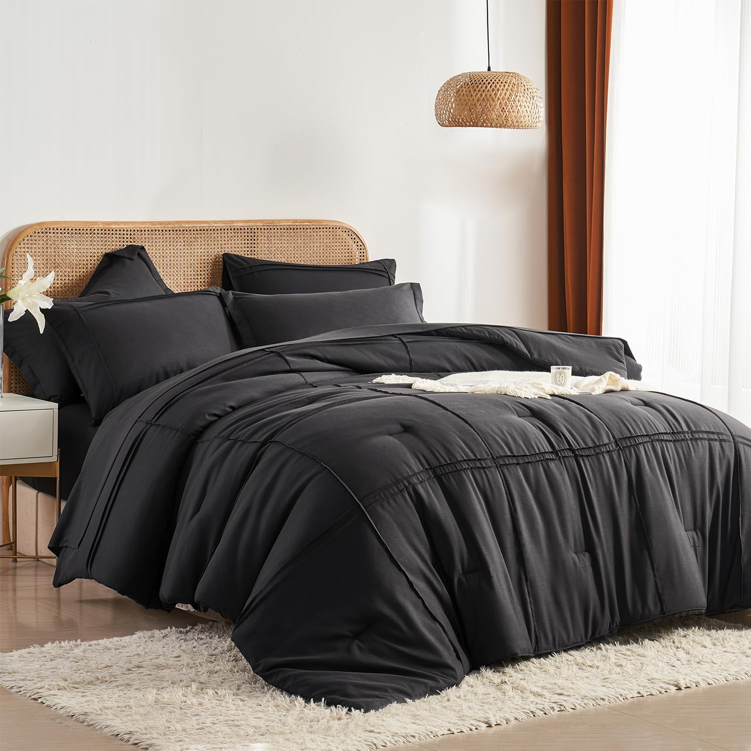 gsjkfkla Queen Comforter Set 7 Piece Bed in Bag Grid Pinch Pleat Navy ...
